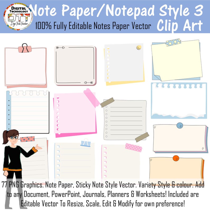 Note Paper Vector Clipart: 77 PNG Graphics, Editable Template (instant ...