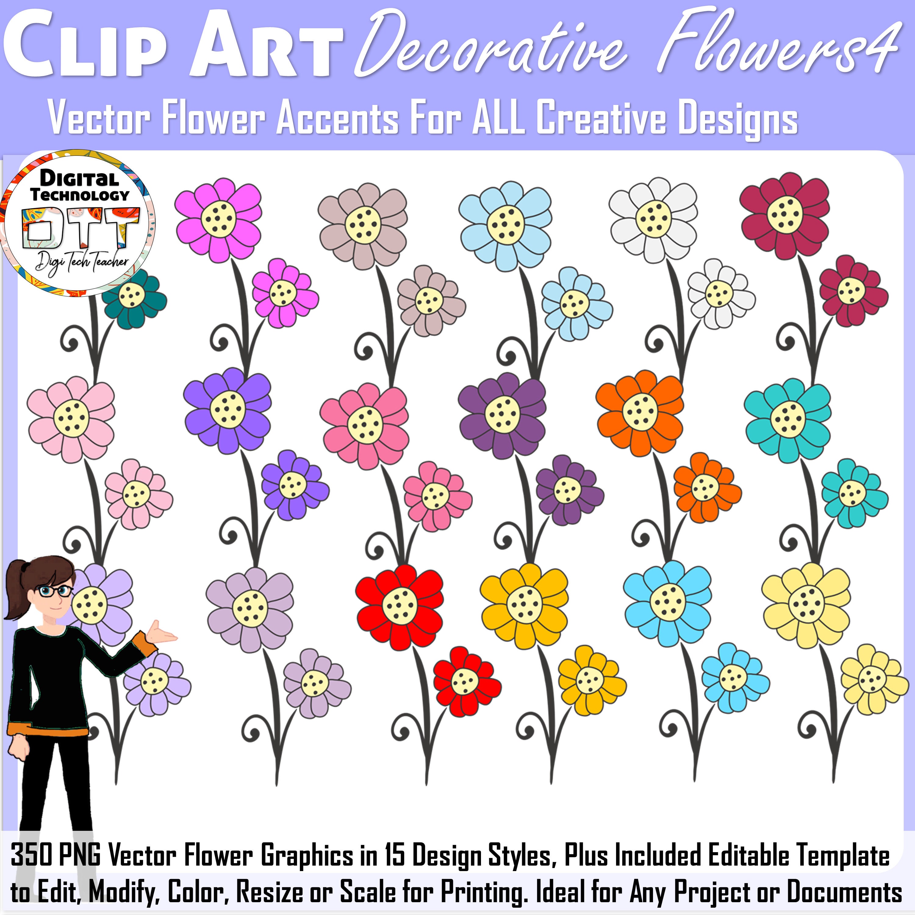Flower Vector Clip Art 4, Decorative Vector Flowers, Floral Vector ...