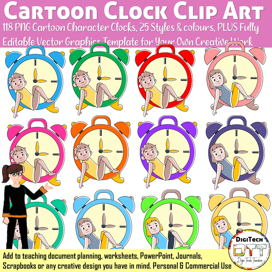 Cute Cartoon Character Clock Clipart, Teacher Clipart, Wall Clock ...