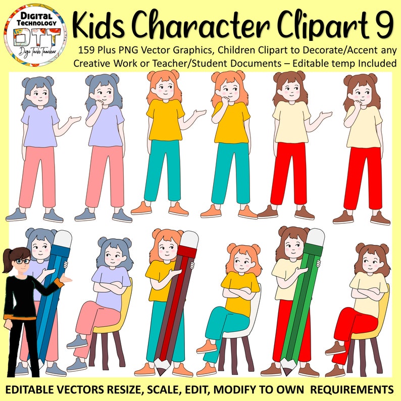 Kids Character Clipart: School PNG Graphics (editable Template) - Etsy