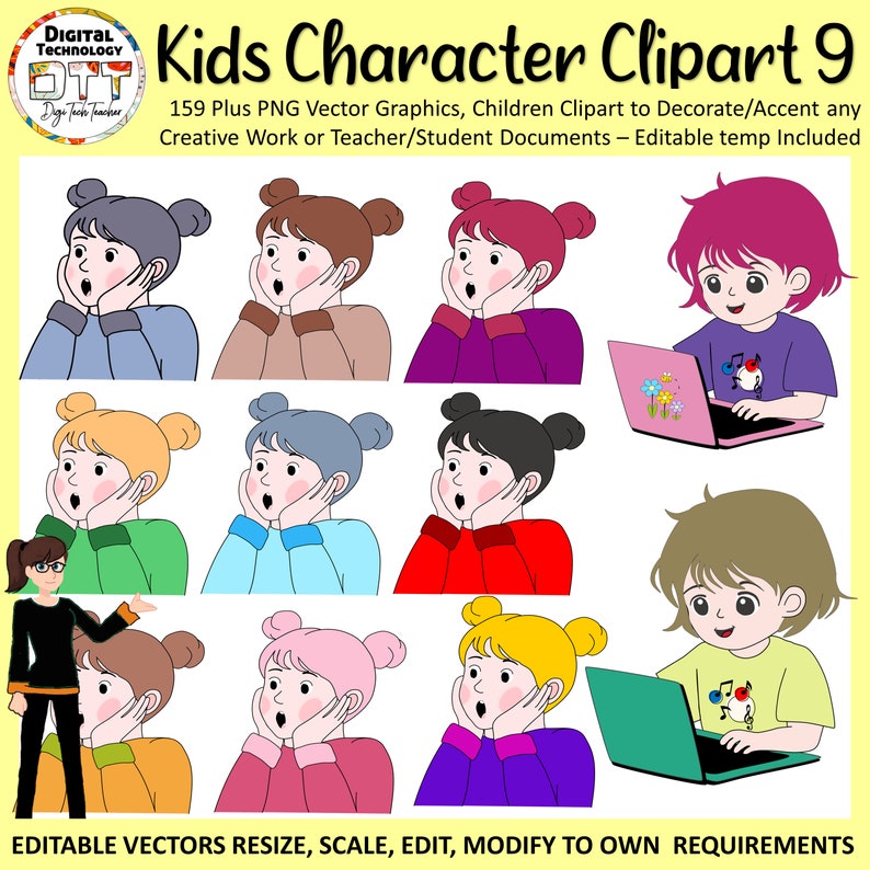 Kids Character Clipart: School PNG Graphics (editable Template) - Etsy