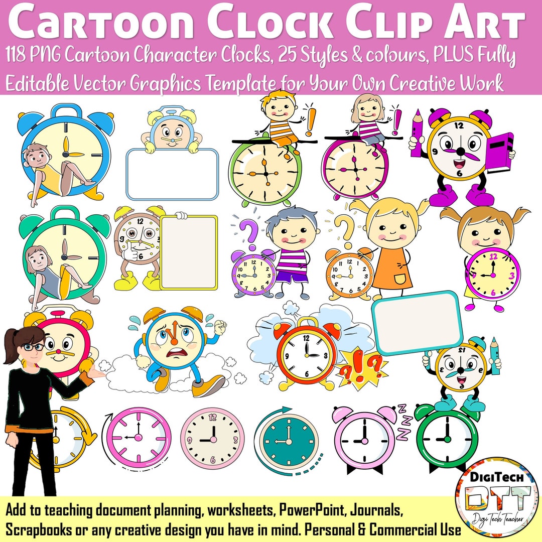 Cute Cartoon Character Clock Clipart, Teacher Clipart, Wall Clock ...