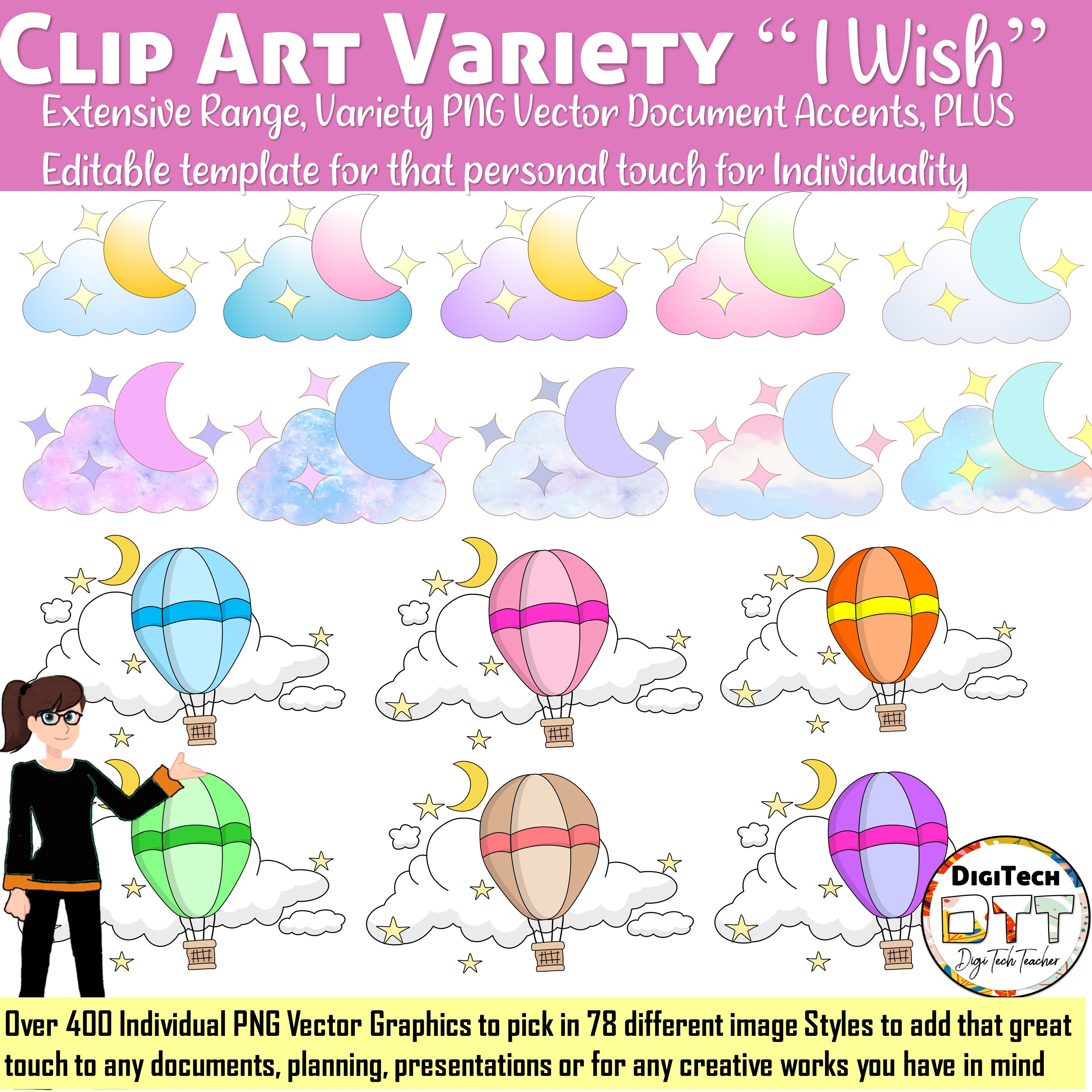 Variety Clipart Mix, Stars, Clouds, Hearts, Wishing Clipart, Dreaming ...