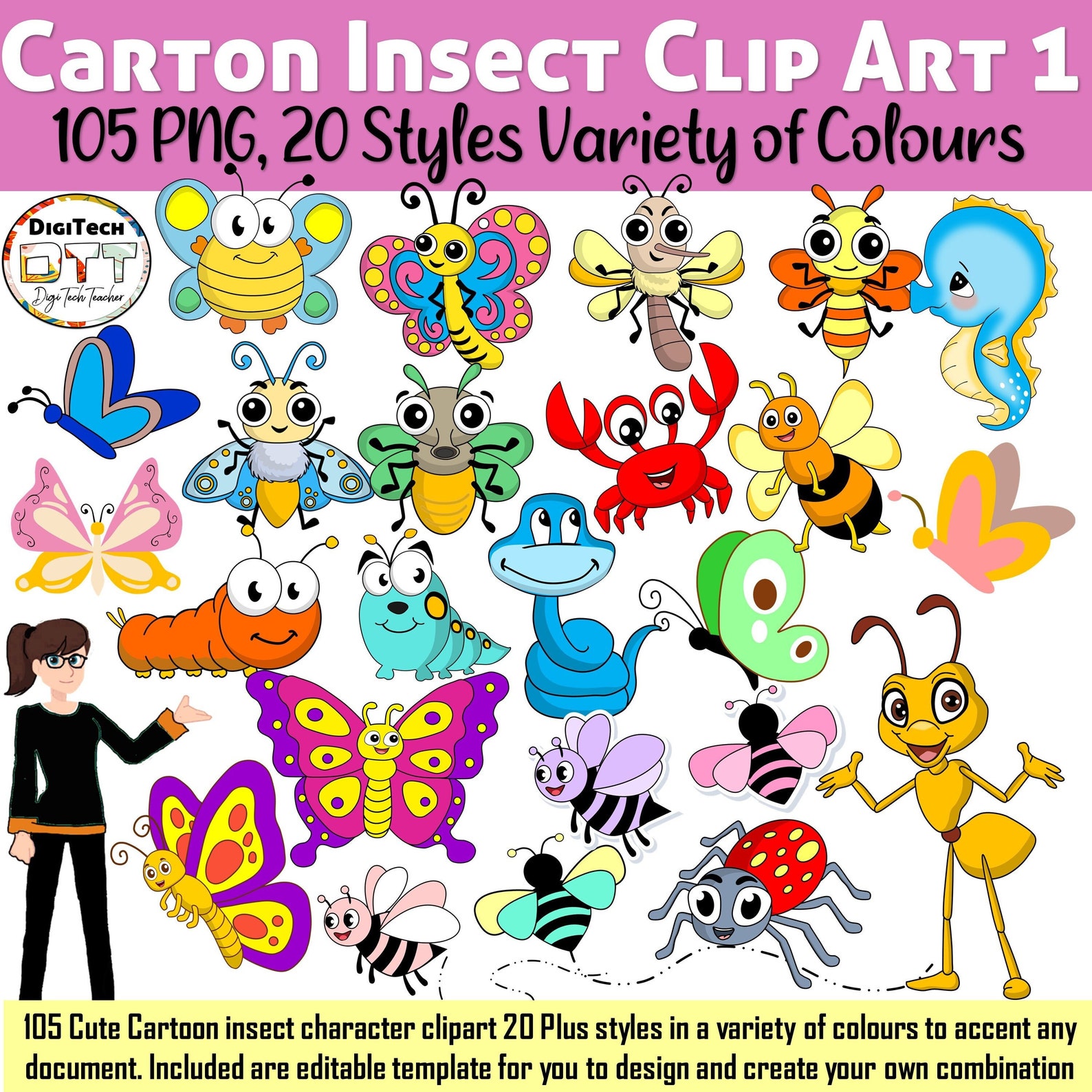 Cute Cartoon Insect Clip Art 1, Bug Vector Clipart, Insect PNG Images ...