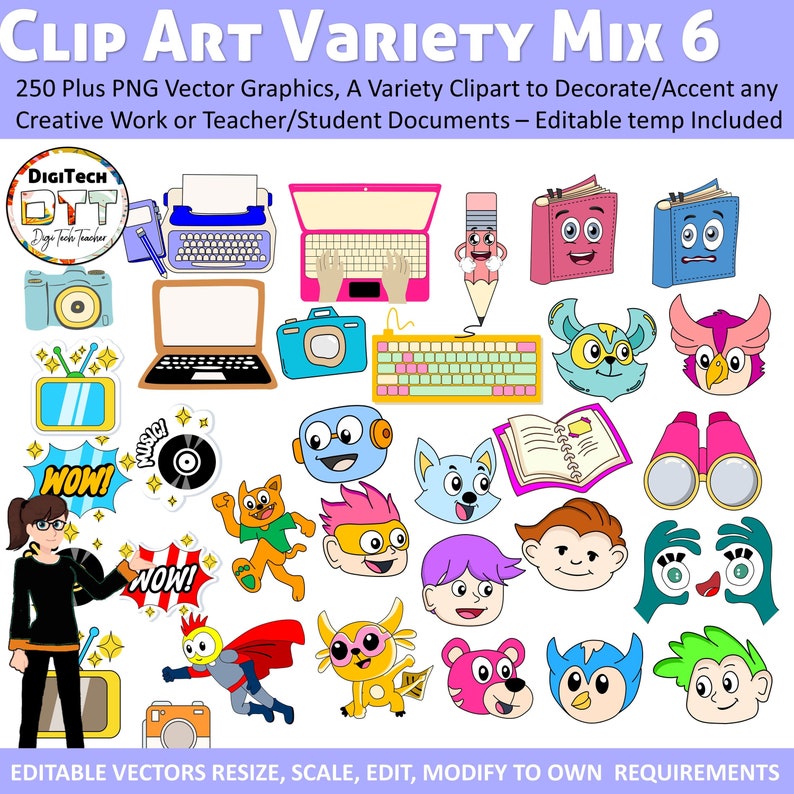 School Vector Clipart Variety Mix 6, Colourful School Clipart, Teacher ...