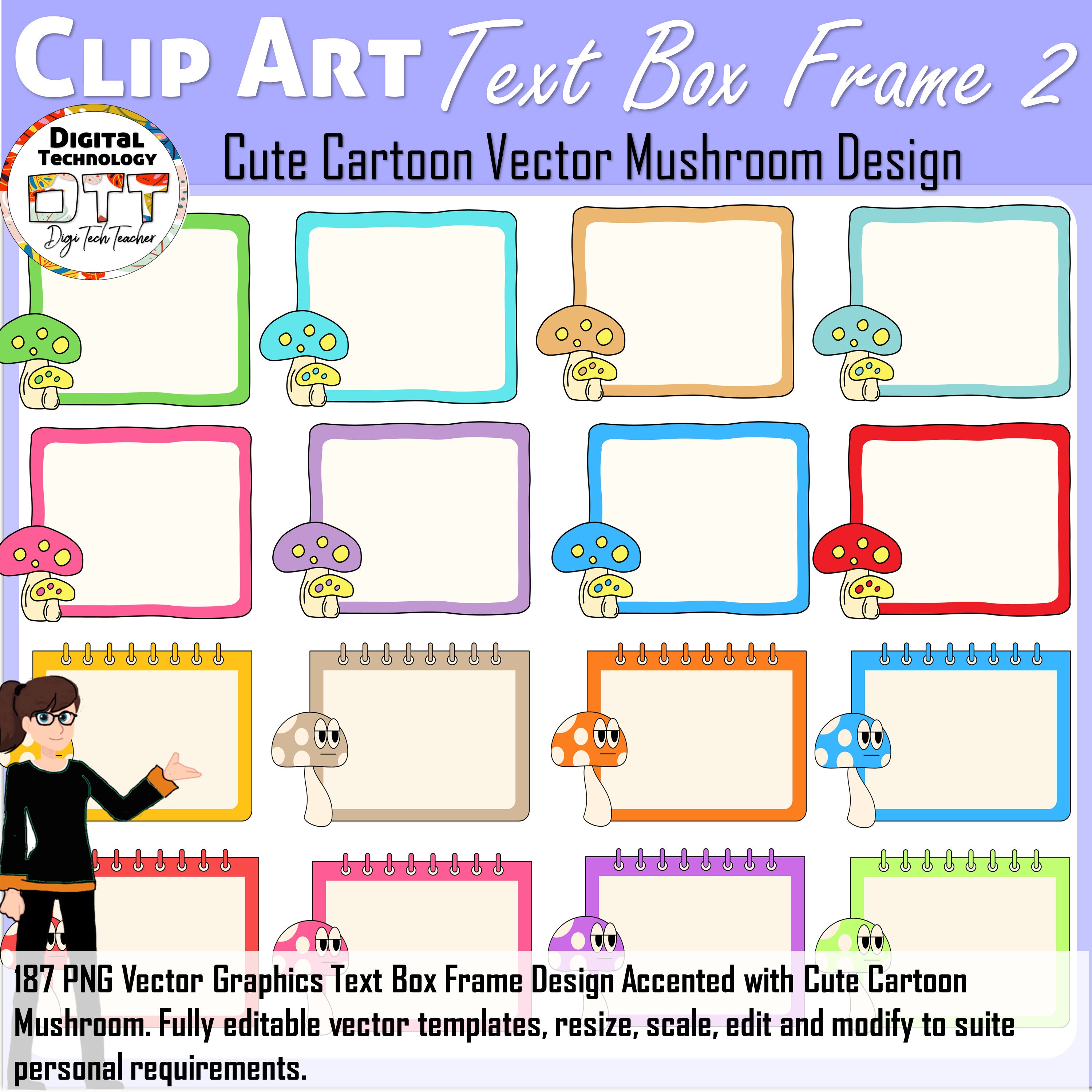 Notepad Text Box Frames Cute Mushroom Cartoon Theme, Mushroom Clipart ...