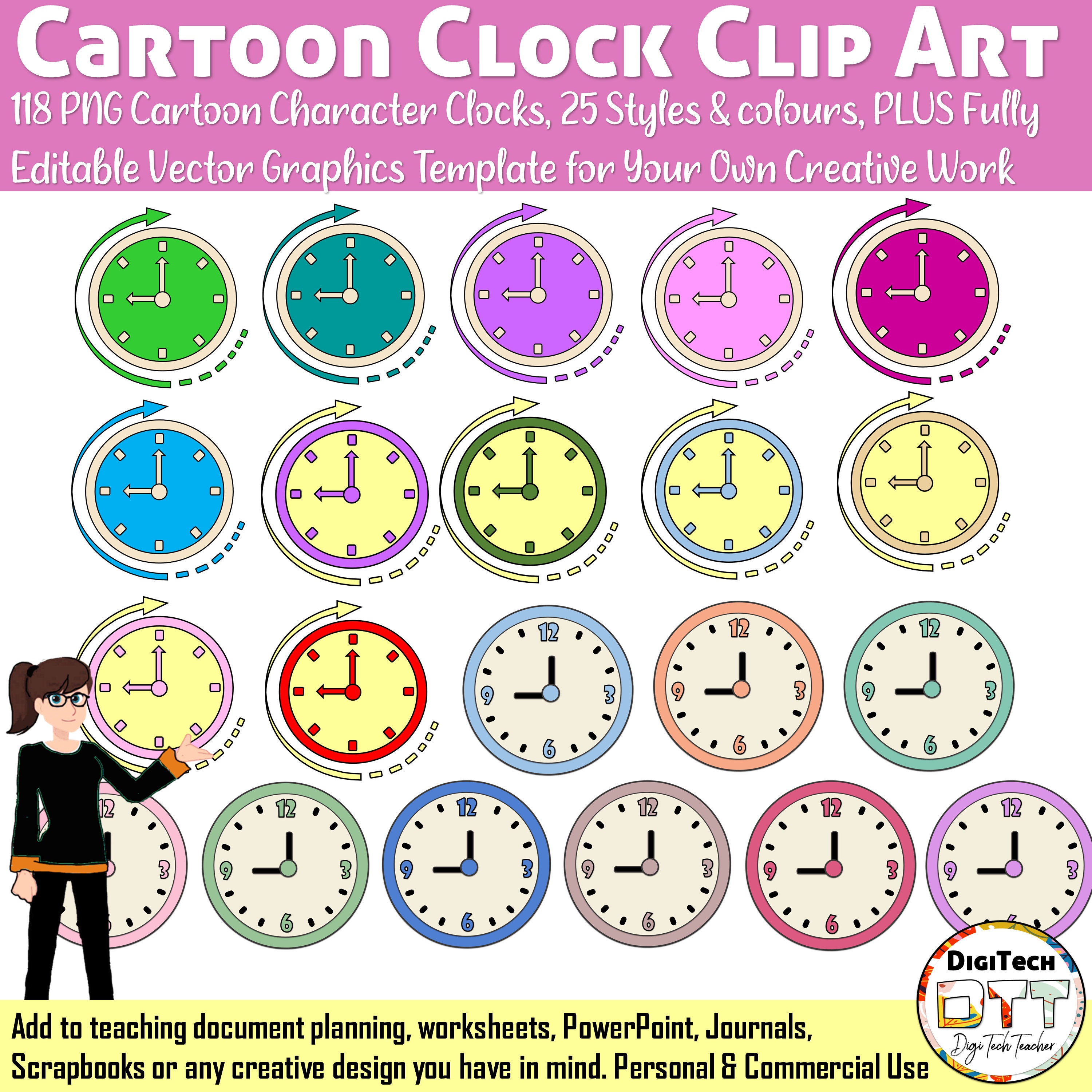 Cute Cartoon Character Clock Clipart, Teacher Clipart, Wall Clock ...