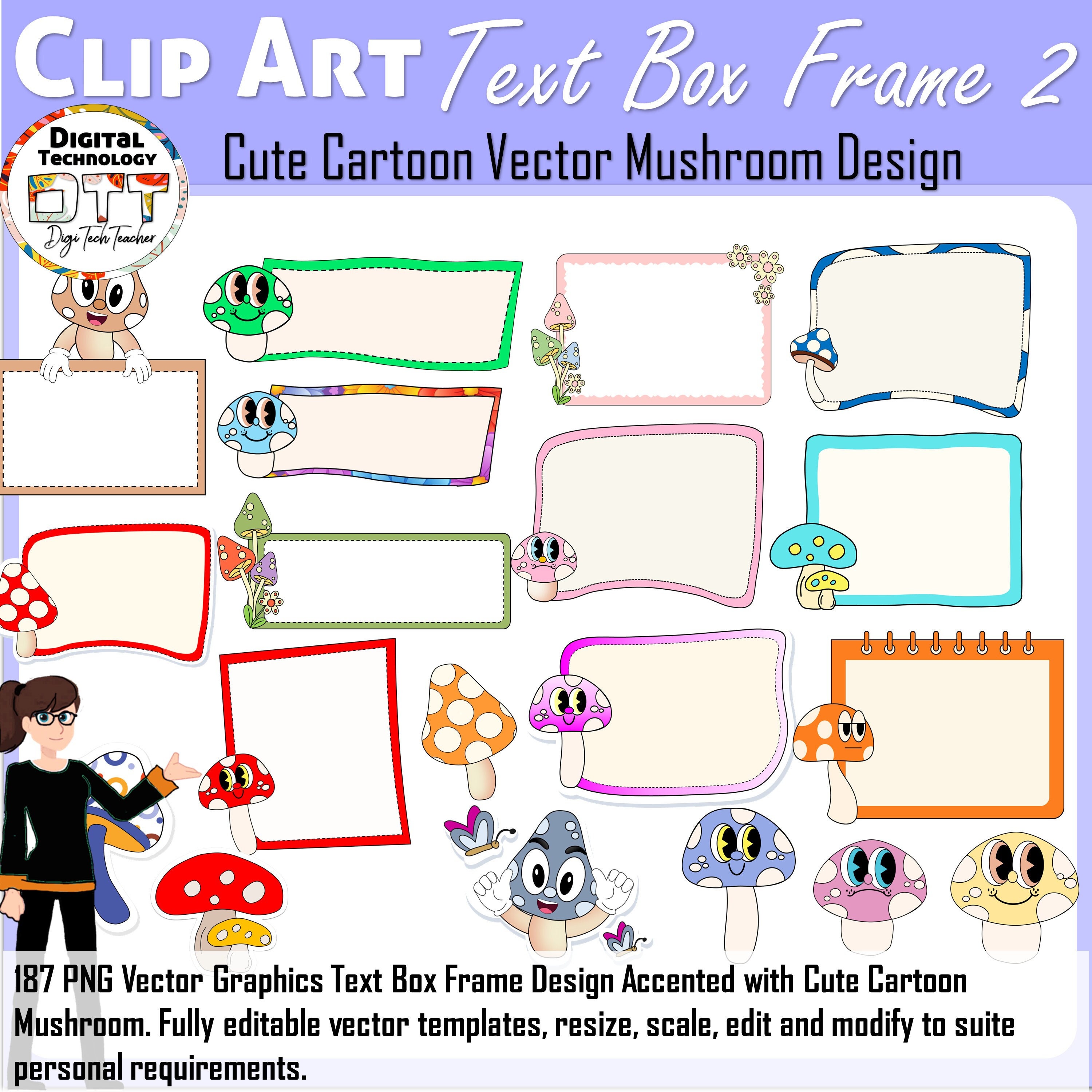 Notepad Text Box Frames Cute Mushroom Cartoon Theme, Mushroom Clipart ...