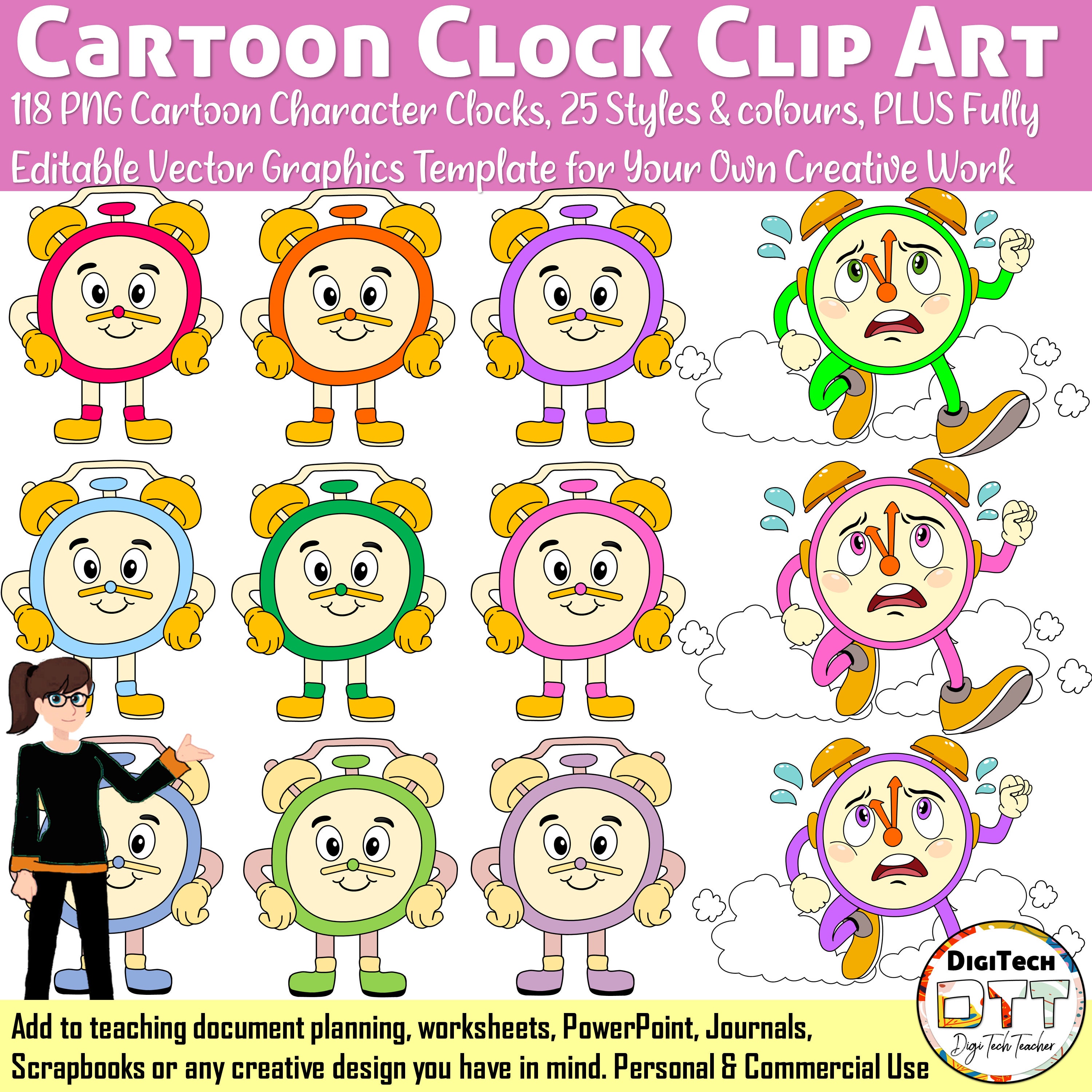 Cute Cartoon Character Clock Clipart, Teacher Clipart, Wall Clock ...