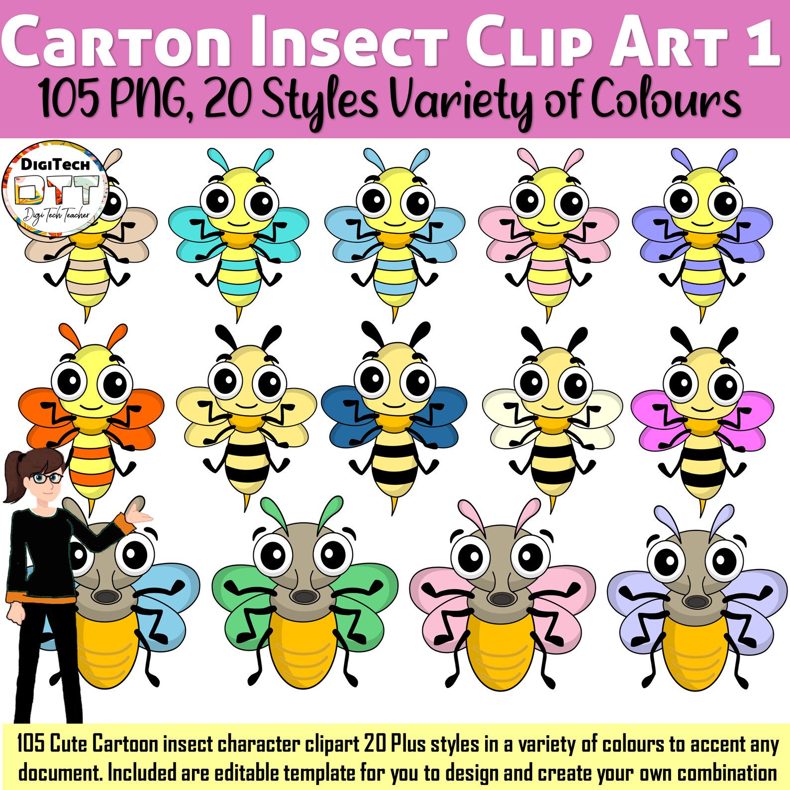 Cute Cartoon Insect Clip Art 1, Bug Vector Clipart, Insect PNG Images ...