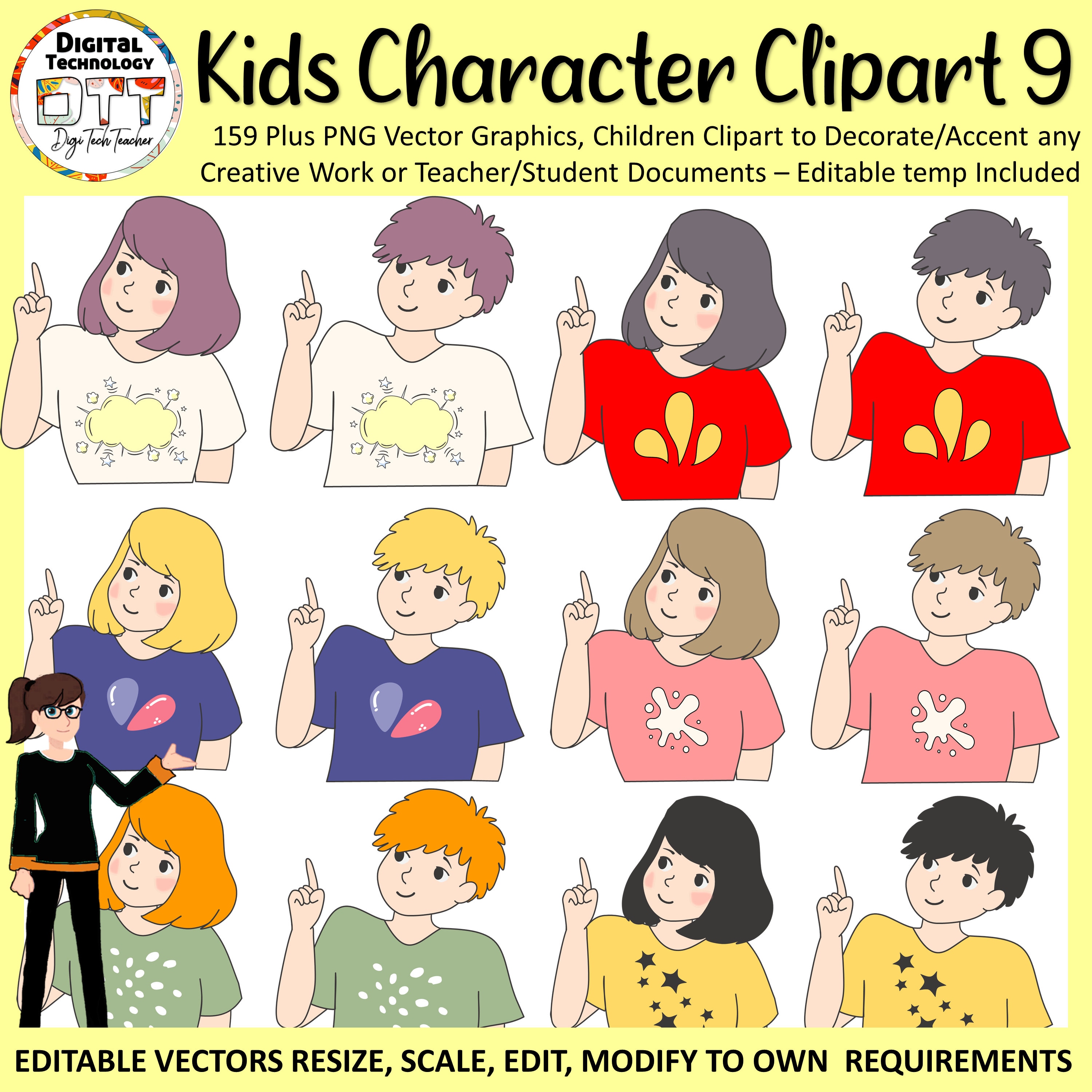 Kids Character Clipart: School PNG Graphics (editable Template) - Etsy