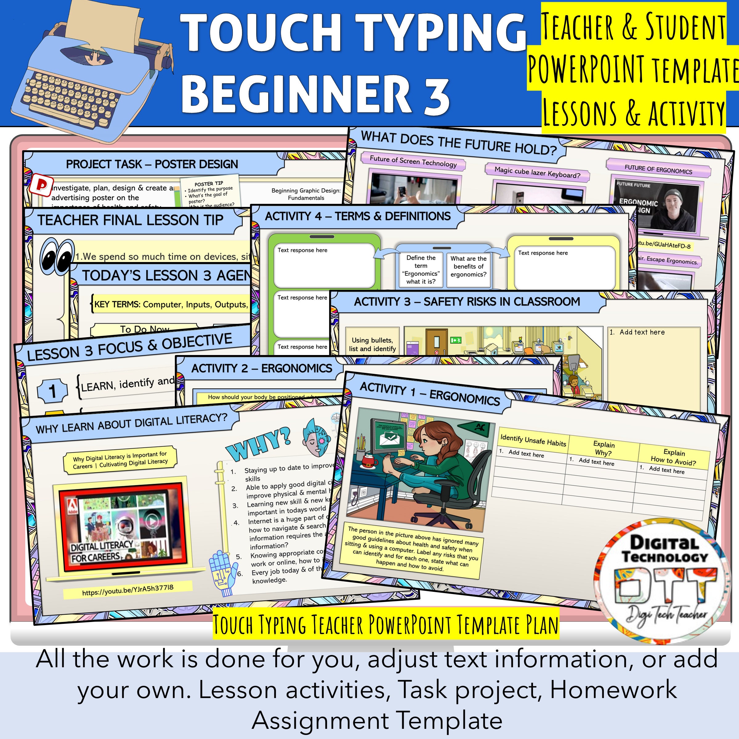 Touch Typing Beginner 3, Powerpoint Editable Template, Typing Lesson ...