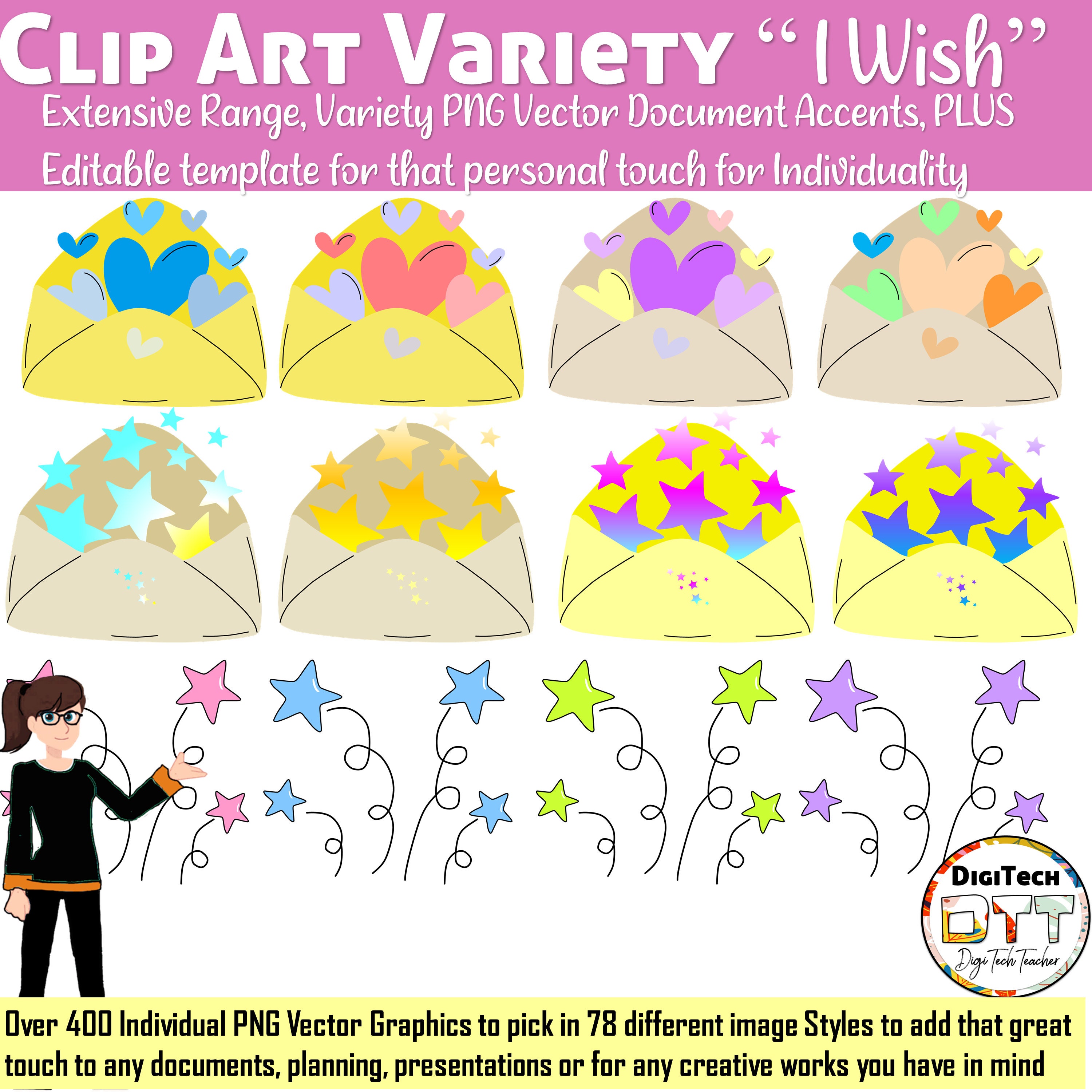 Variety Clipart Mix, Stars, Clouds, Hearts, Wishing Clipart, Dreaming ...