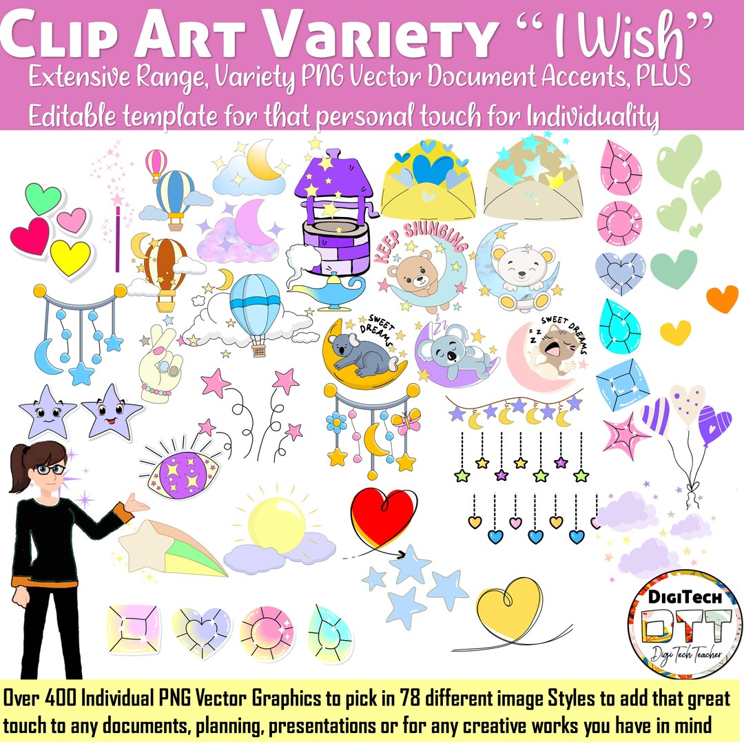 Variety Clipart Mix, Stars, Clouds, Hearts, Wishing Clipart, Dreaming ...