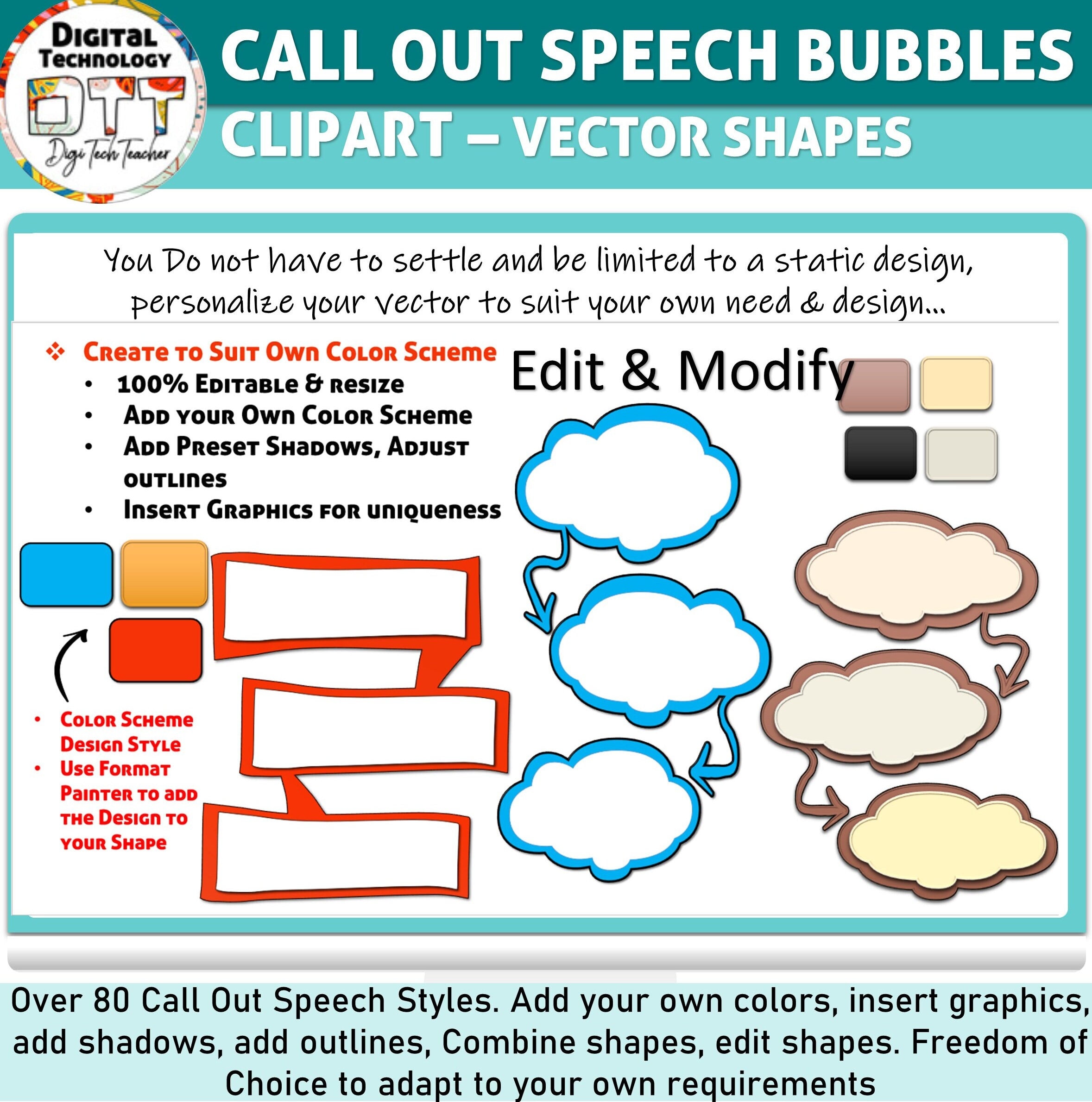 84 Clipart Bundle 7, Comic Call Outs, Comic Speech Bubble, Fully Editable, Vector Clipart, Text ...