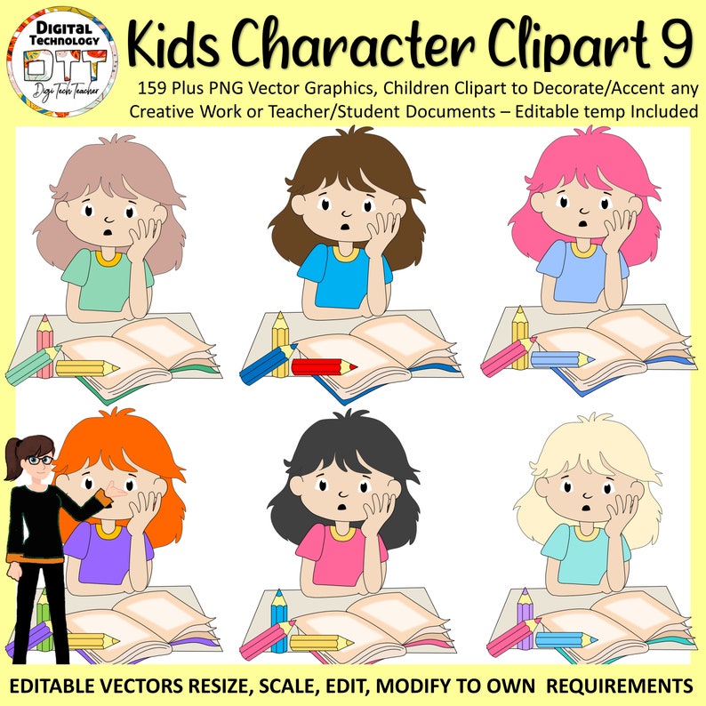 Kids Character Clipart: School PNG Graphics (editable Template) - Etsy