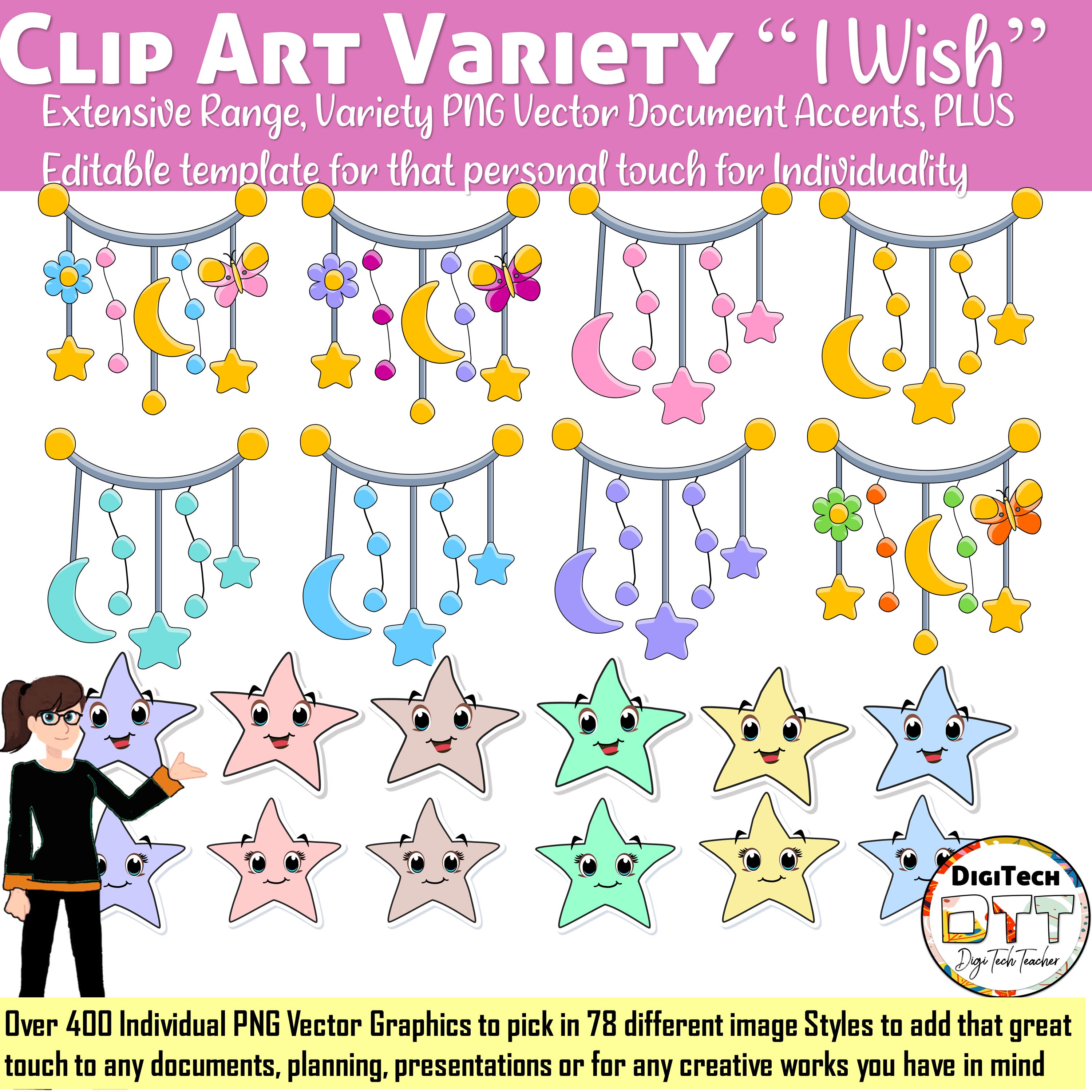 Variety Clipart Mix, Stars, Clouds, Hearts, Wishing Clipart, Dreaming ...