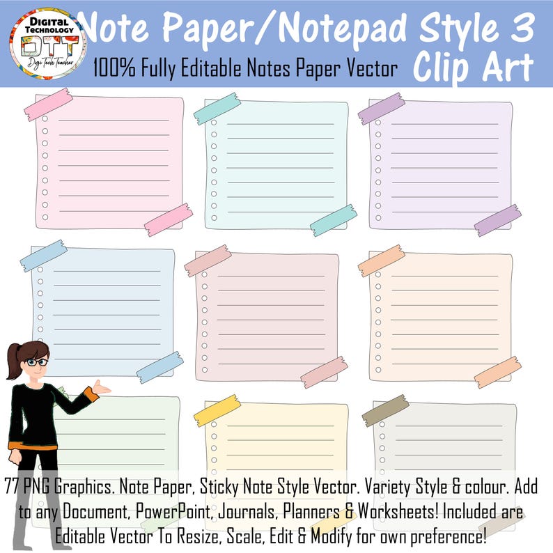 Note Paper Vector Clipart: 77 PNG Graphics, Editable Template (instant ...