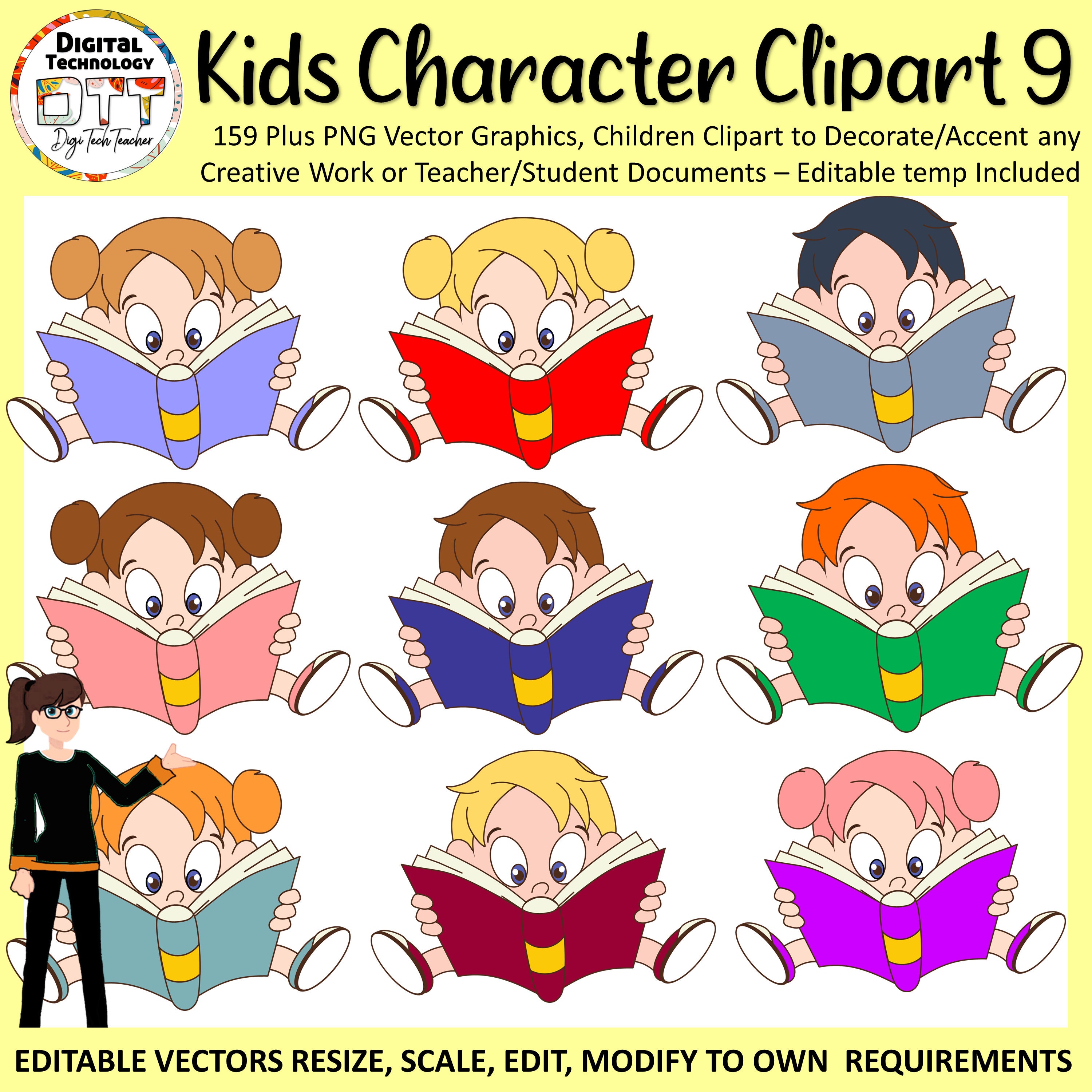 Kids Character Clipart: School PNG Graphics (editable Template) - Etsy