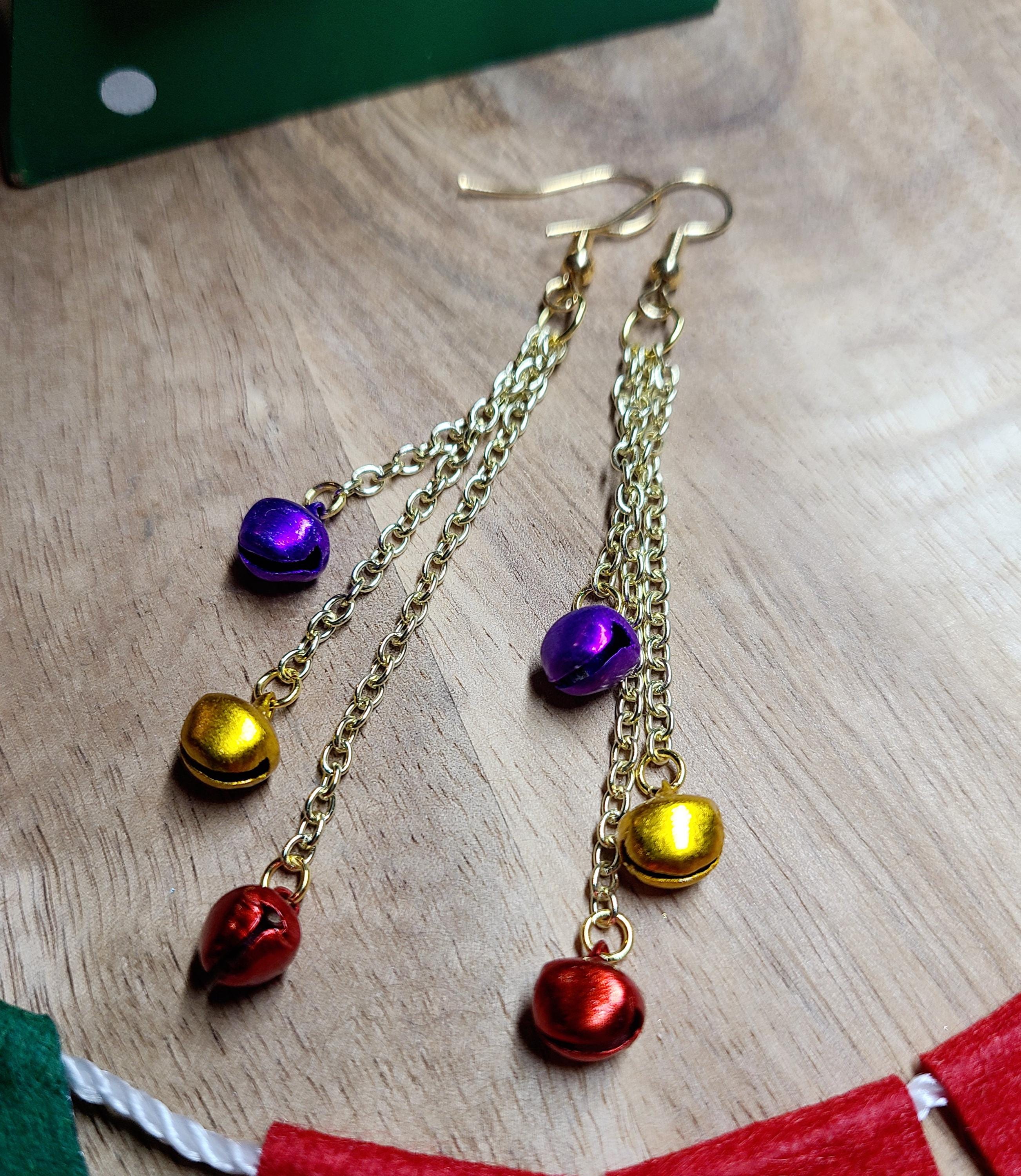 Handmade Christmas Jingle Bells Beaded Chain Dangle Earrings - Etsy