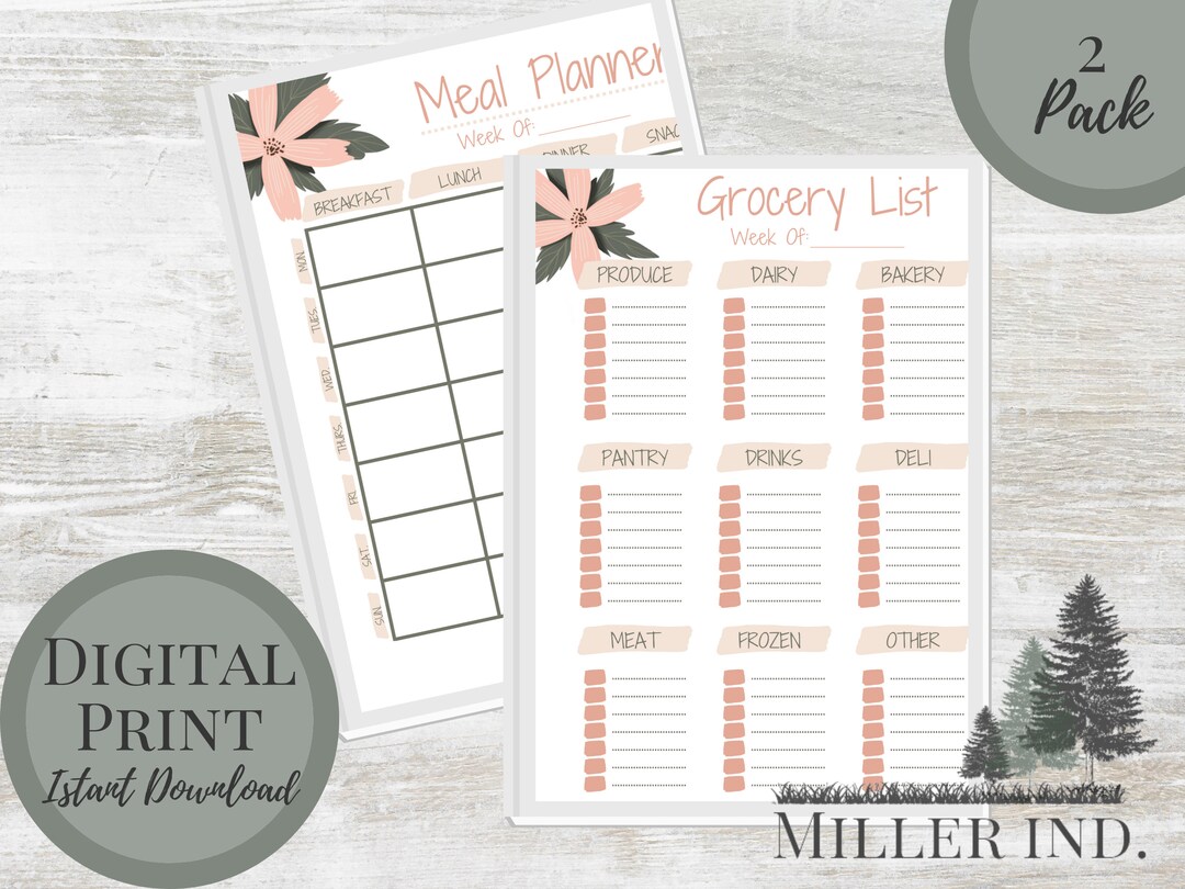 INSTANT DOWNLOAD Weekly Meal Planner, Grocery List Printable, Digital ...