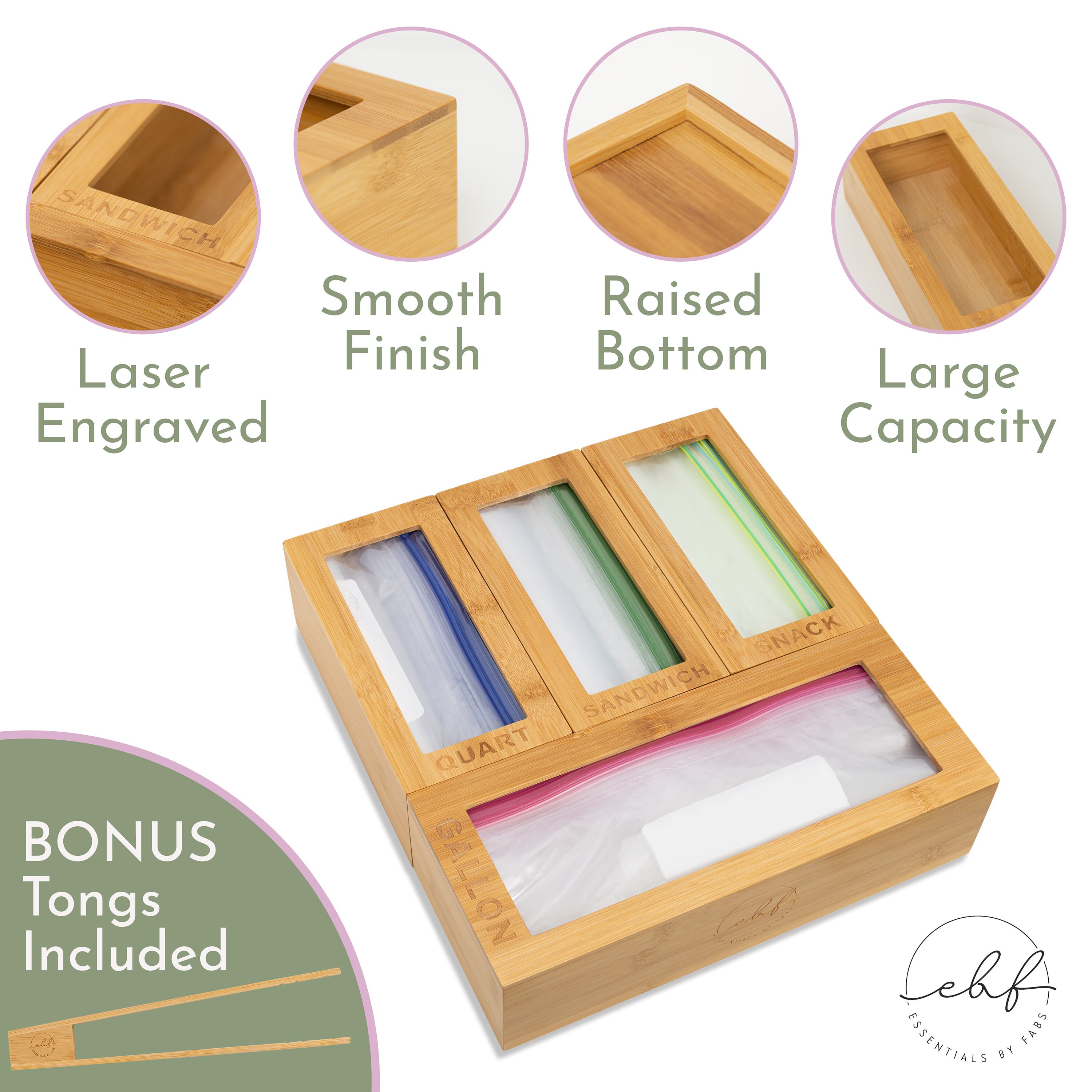OFFER Bamboo Bag Organizer Boxes Set With Gift Tong, 4 Individual Boxes ...
