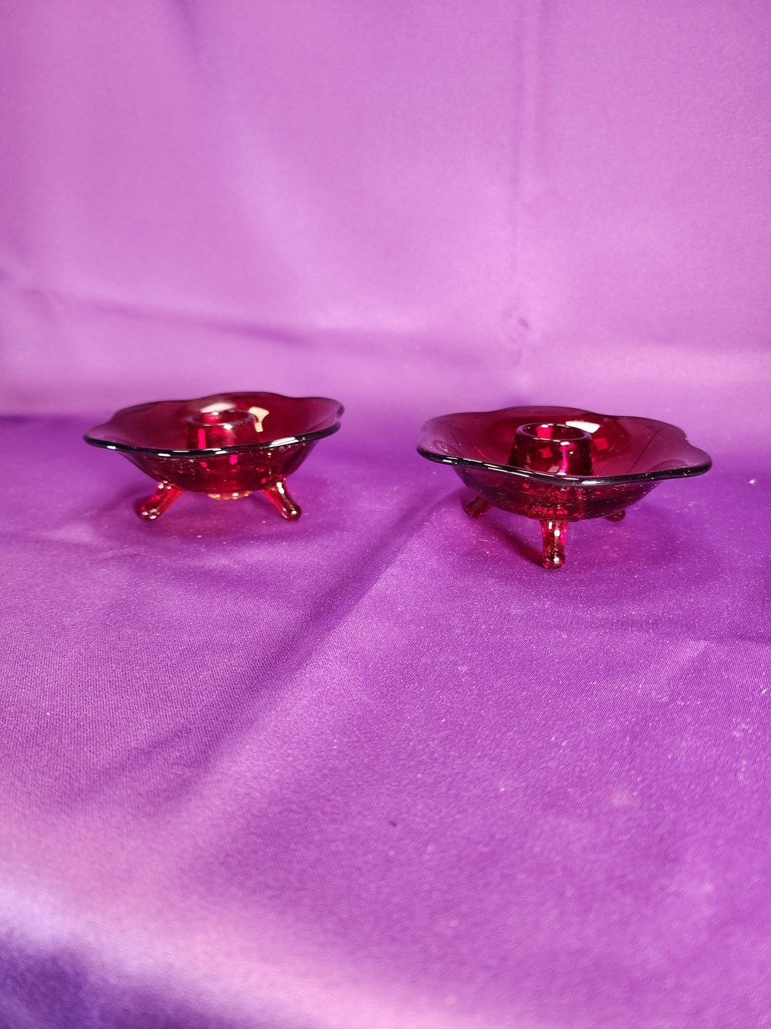 2 Vintage Red Glass Candle Holders - Etsy