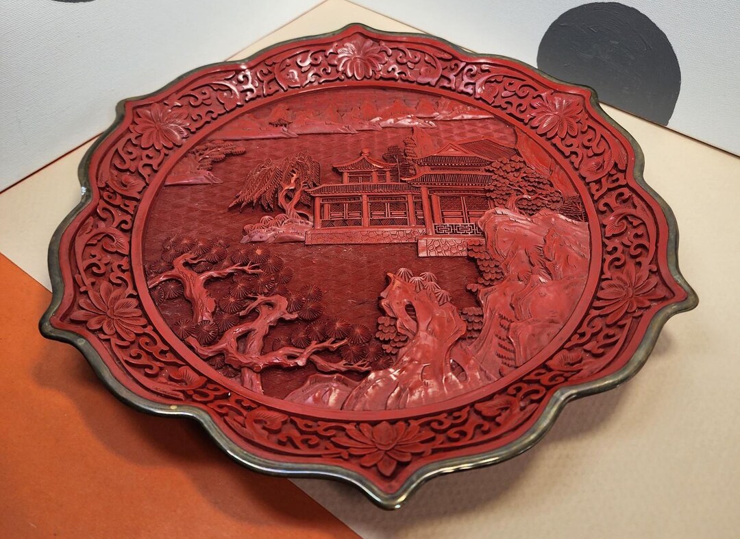 Chinese Carved Cinnabar Plate - Etsy
