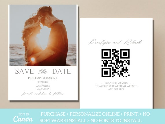 Save the Date Canva Template QR Code Instant Download | Etsy