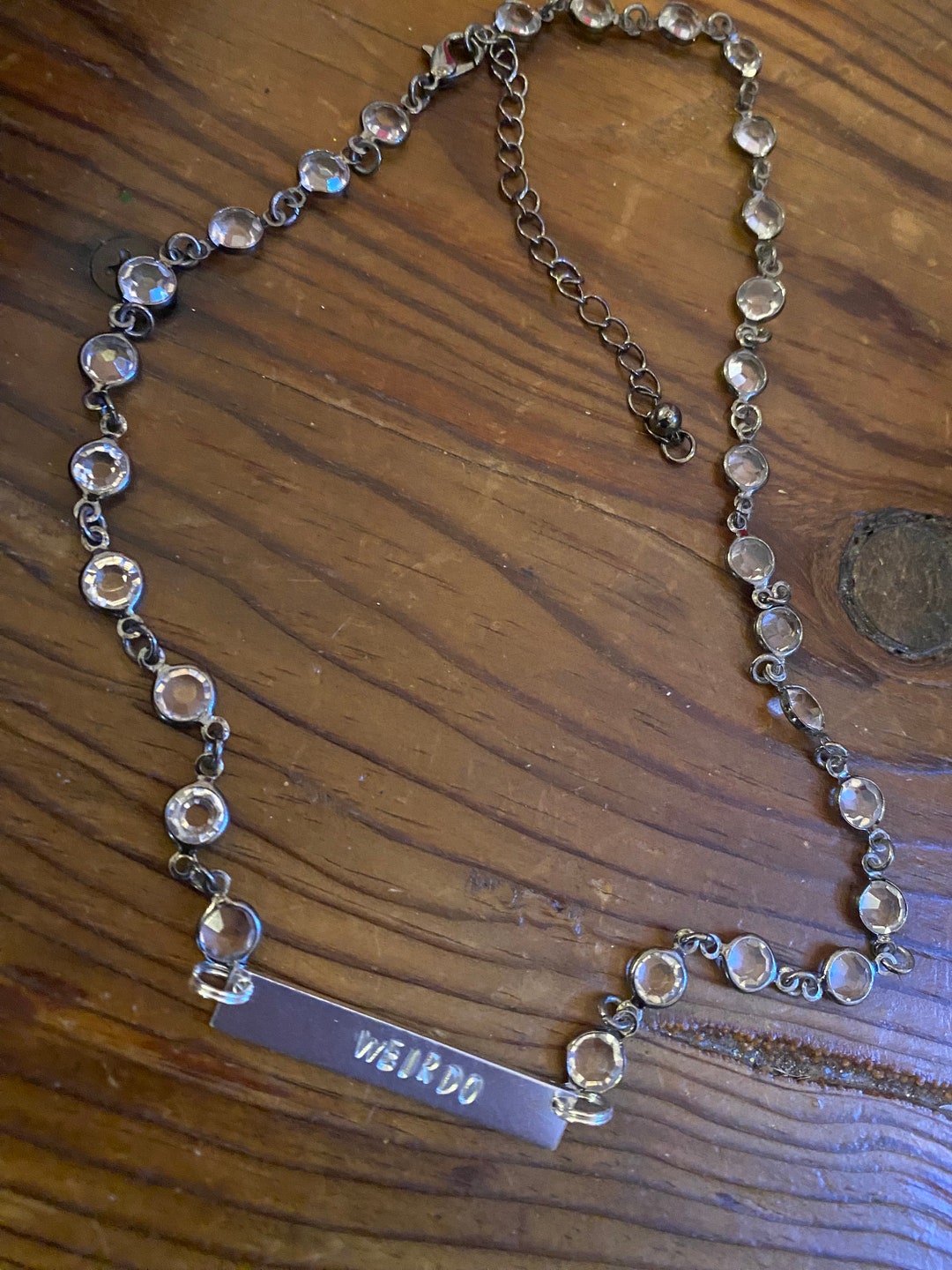 Dainty Silver Crystal Beaded Chain Hand-stamped WEIRDO Necklace - Etsy