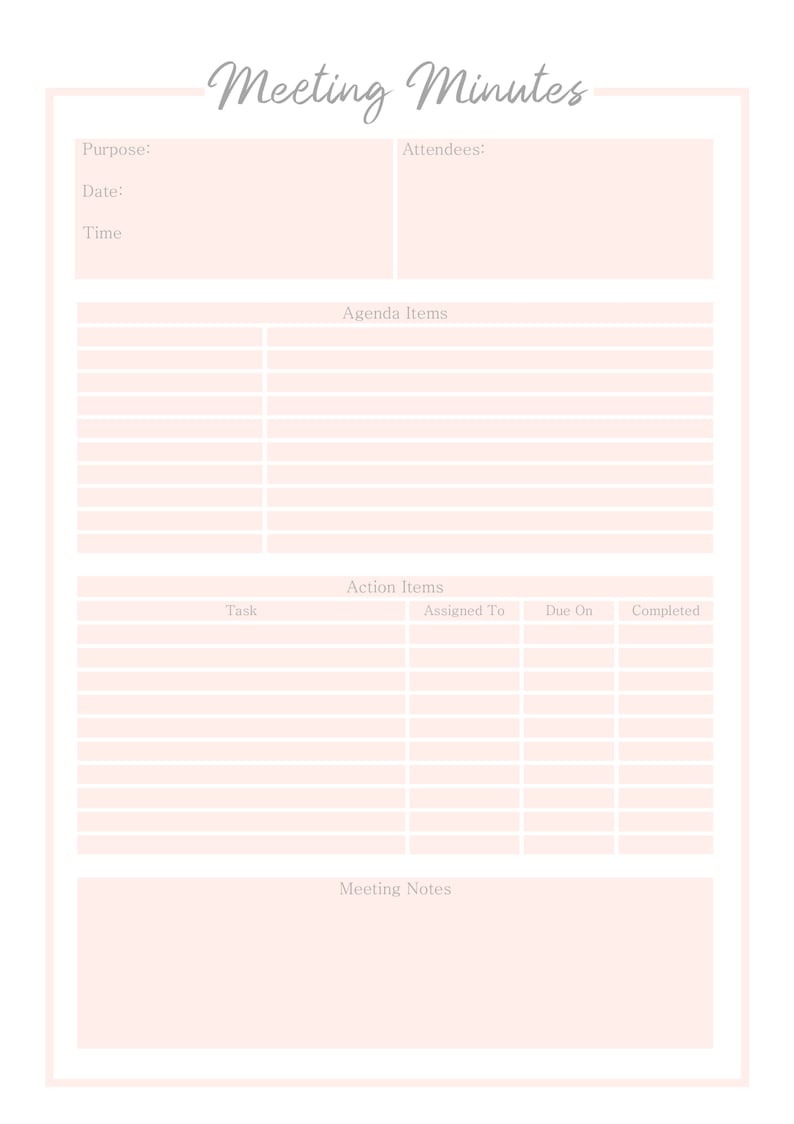 Meeting Minutes Template, A4 PDF Digital Download - Etsy