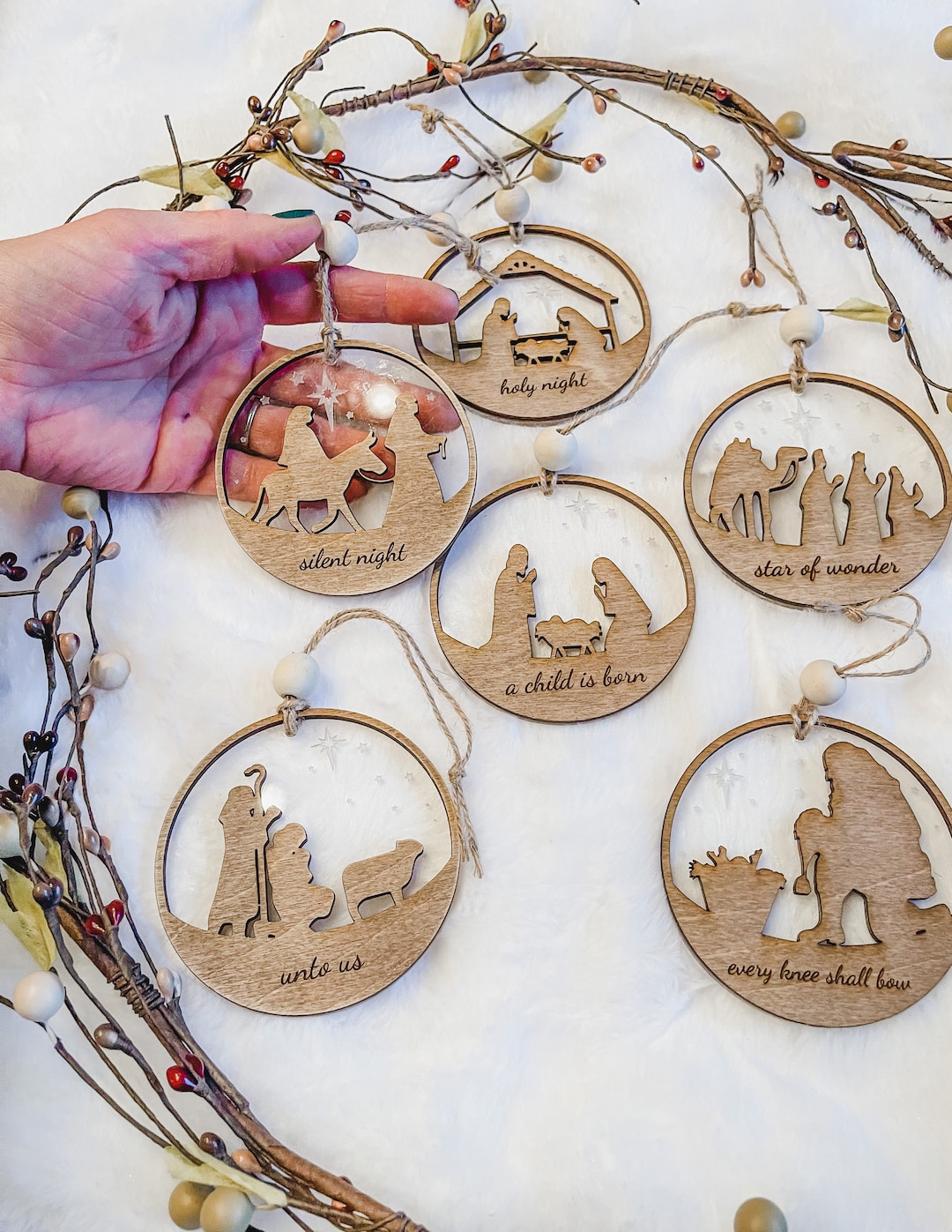Wooden Nativity Scene Ornament Set, Handmade Nativity Set, Set of 6 ...