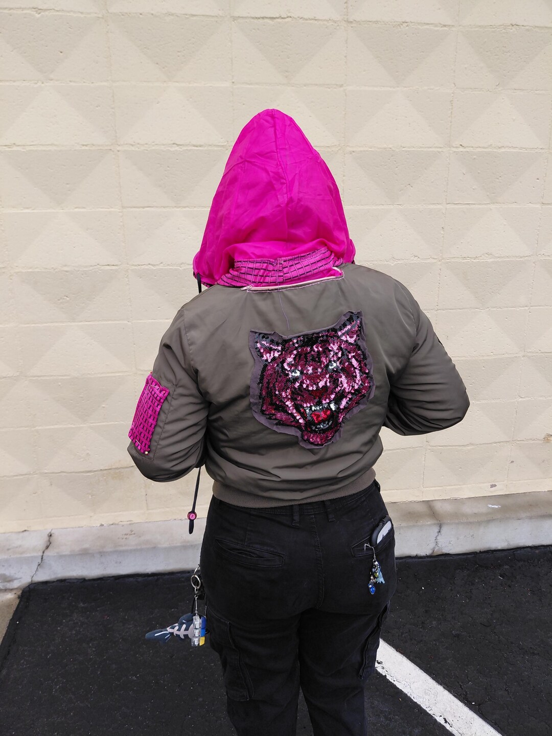 Bomber Jacket With Upcycled Appliques and Added Hideaway Hood Pink and ...