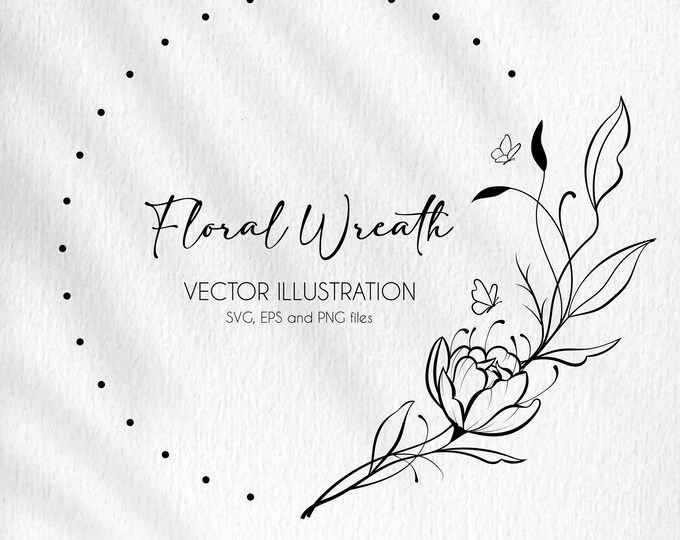 Floral Wreath Svg and Png, Wreath Clipart, Hand Drawn Floral Wreath ...