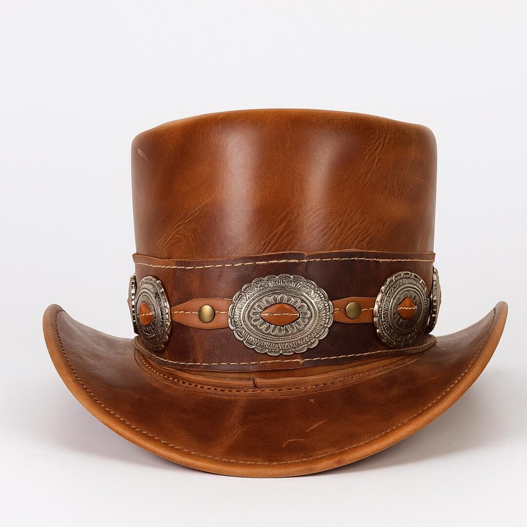 Handmade Brown Leather Steampunk Cowboy Top Hat: Western Concho Hat - Etsy