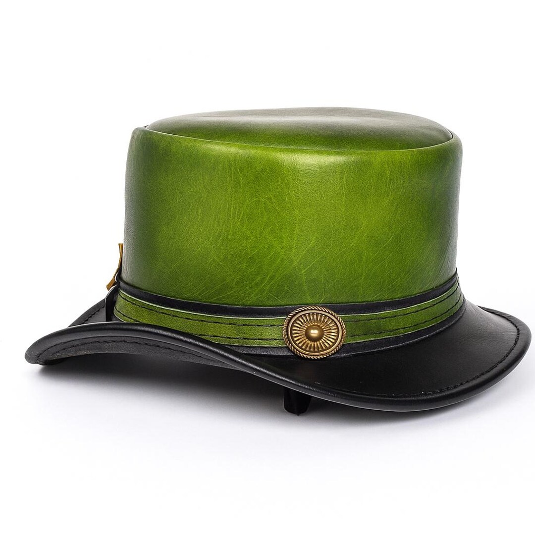 Handmade Green Leather Steampunk Top Hat: Brass Concho, Black Brim - Etsy