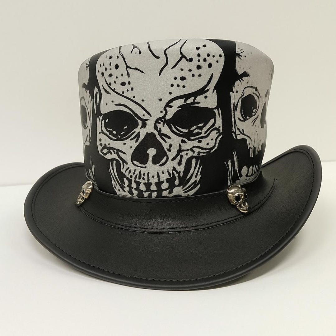 Gothic Black Leather Top Hat – Steampunk Top Hat With Skull Conchos ...