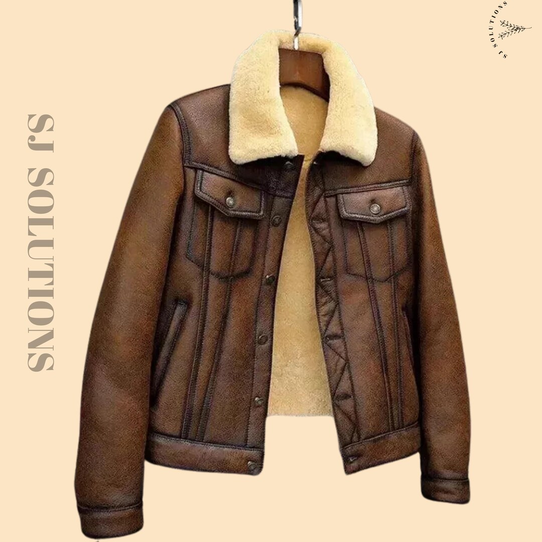 Handmade Leather Jacket for Men in Brown Shearling Fur RAF Style Jacket ...
