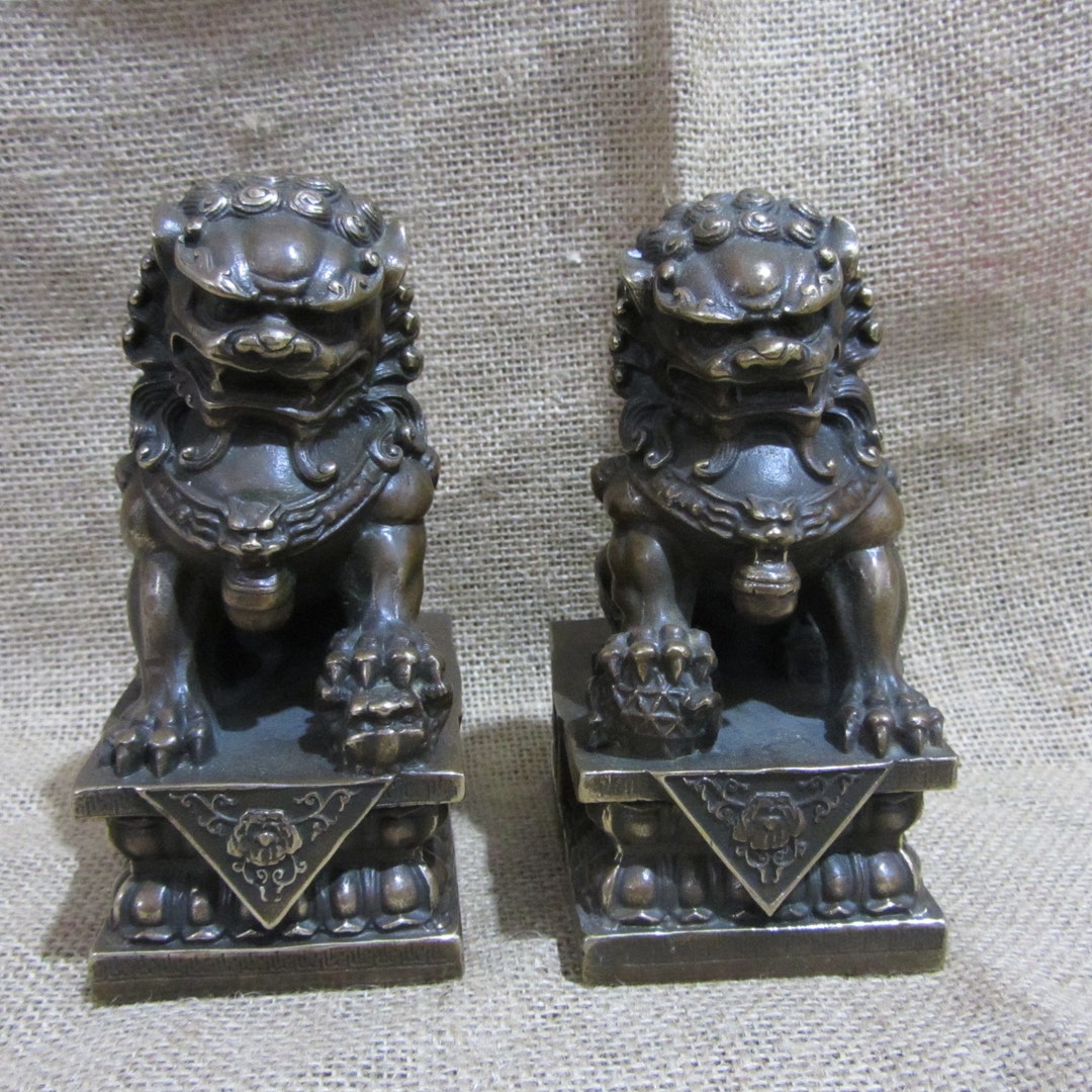 Antique Pair of Copper Casted Temple Foo Dog Lion Statues, Brass Palace ...