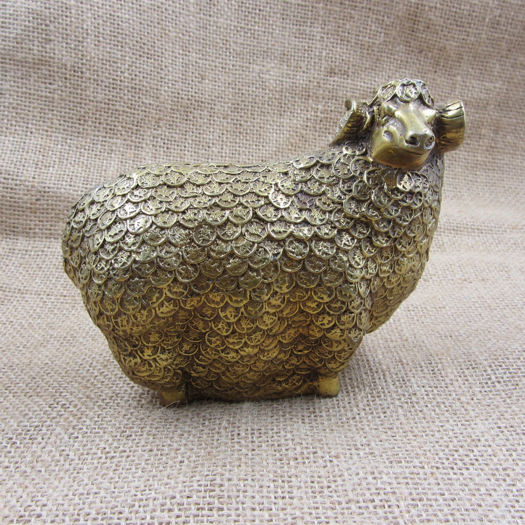 Brass Retro Copper Money Coin Pattern Embossed Sheep Ram Figurine ...