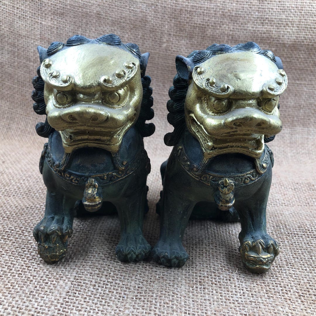 Bronze Gilt Evil Fu Foo Dog Lion Statue Pair Signed, Old Antiques ...