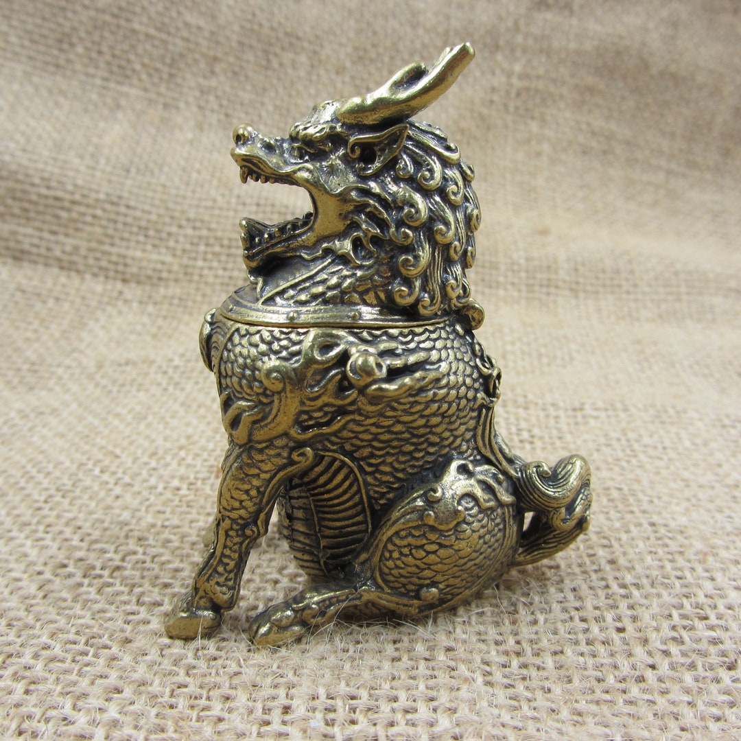 Tom4291 Brass Asian Lion Foo Dog Kyrin Dragon Statue Incense Burner ...