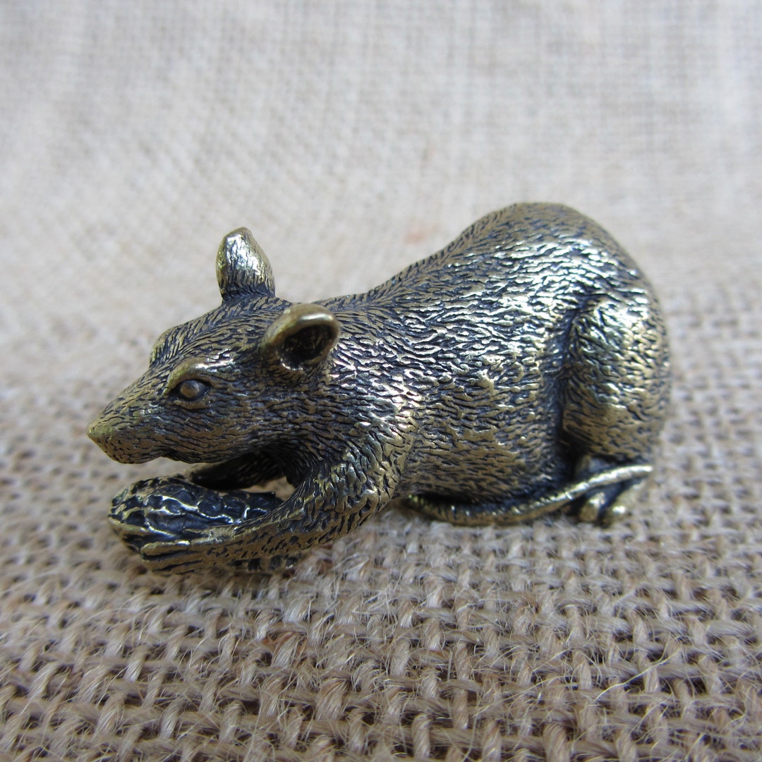 Old Brass Rat Mouce Mice Eating Peanut Miniature Statuette Ornament ...
