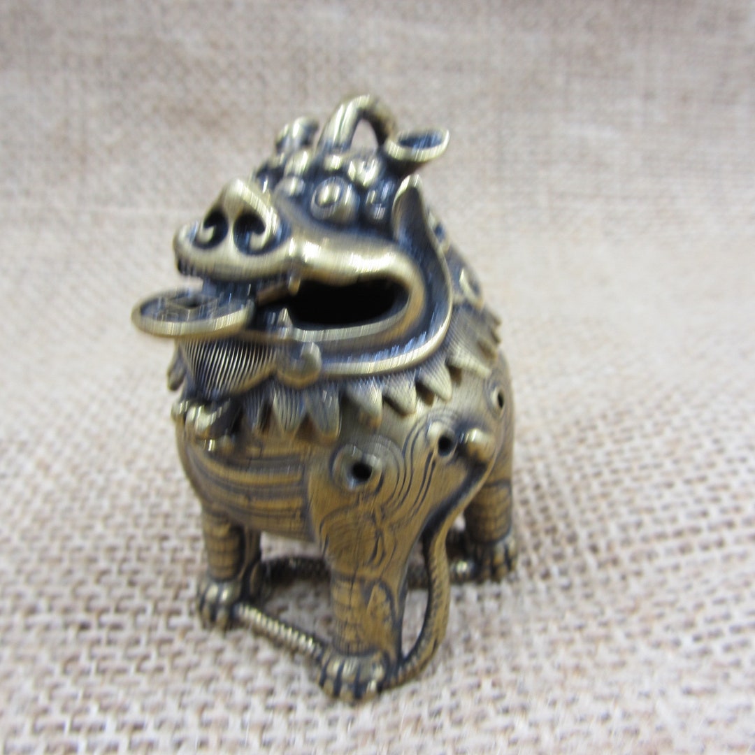 Brass Dragon Foo Dog Lion With Coin in Mouth Mini Portable Incense ...