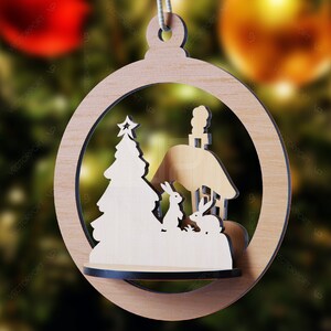 Tree Bear Bauble Wood 3D Laser Cut Christmas Ball Ornament Round Design ...