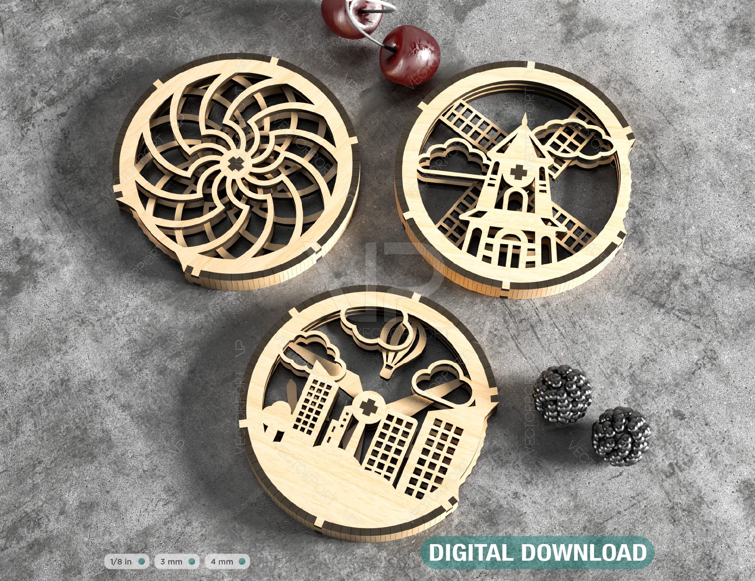 Round Coaster Mechanical Laser Cut City Old Mill Scene Turntable Shape ...