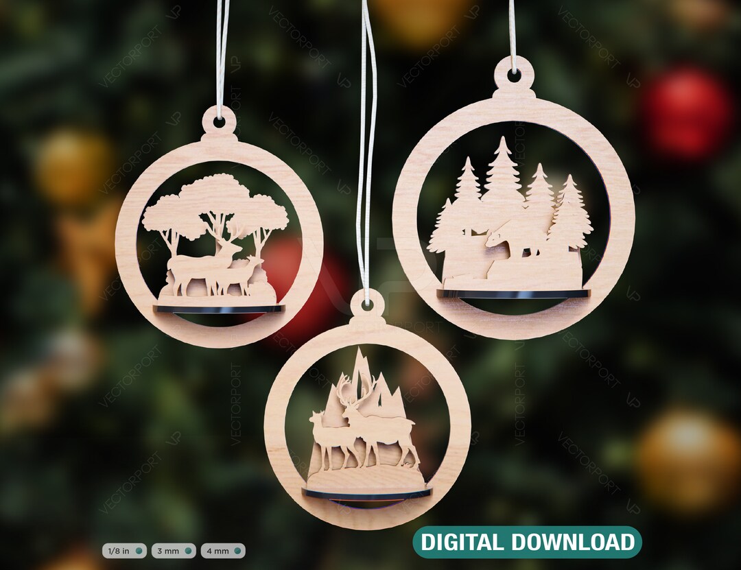 Tree Bear Bauble Wood 3D Laser Cut Christmas Ball Ornament Round Design ...