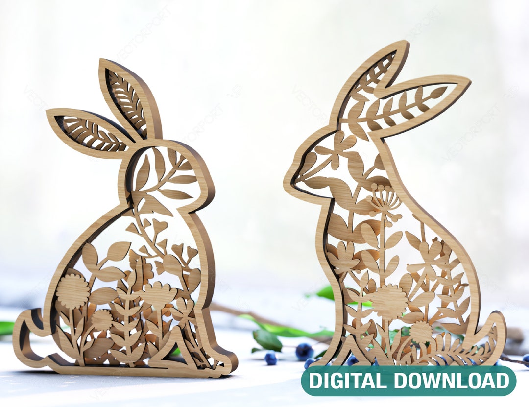 Easter Laser Cut Files Rabbits SVG Layered Bundle, Floral Bunny ...