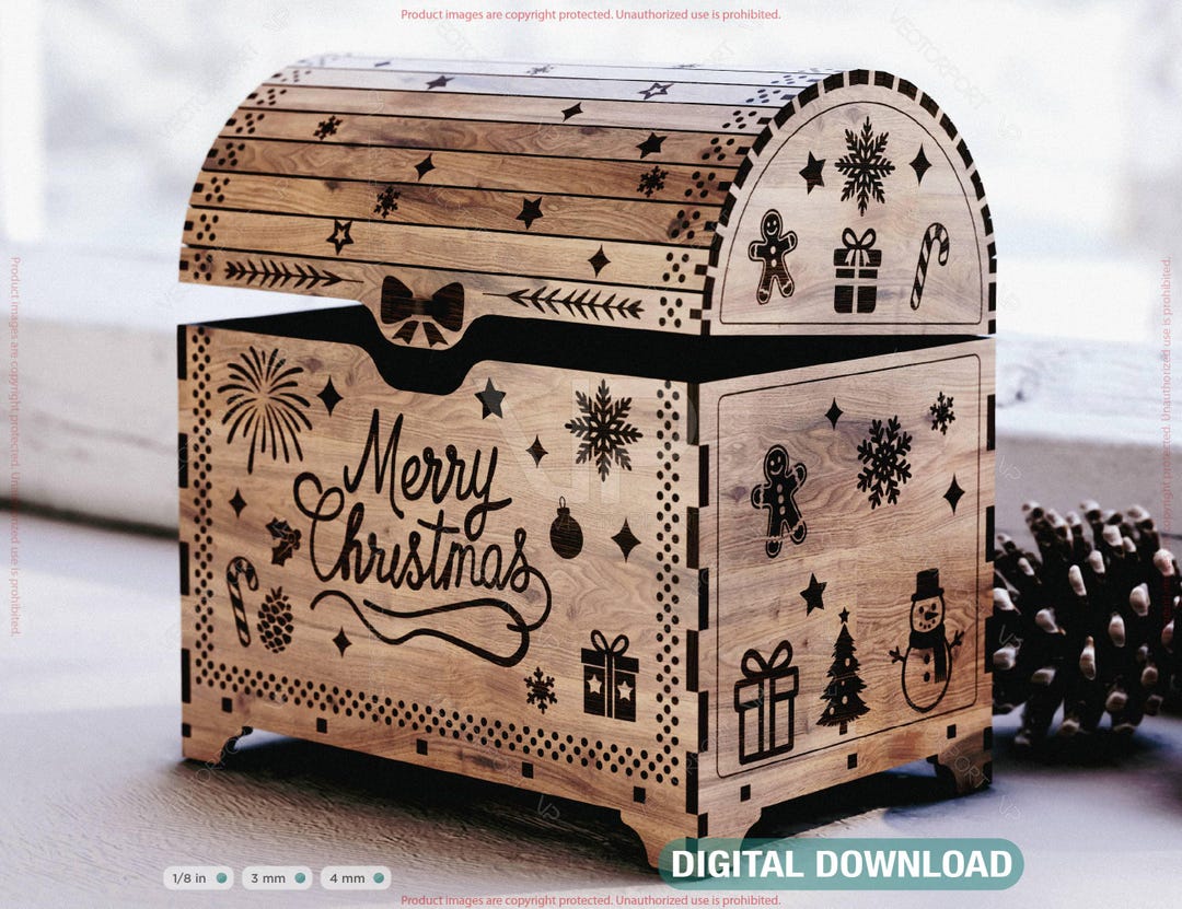 Rustic Christmas Chest | Laser Cut Wooden Gift Box | Engraved Holiday ...