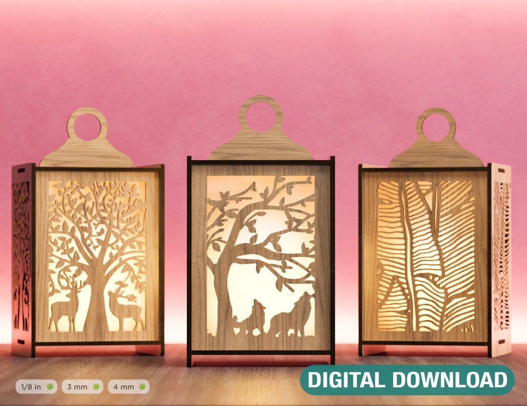 Candle Holder Laser Cut Tree & Animals Lamp Wood Tea Light Lantern ...